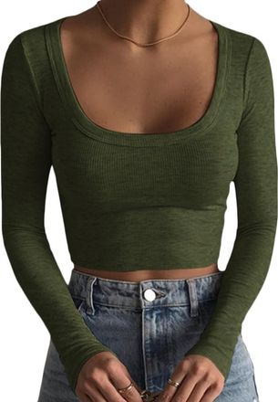Minetom Damen Langarm T-Shirt mit Quadratischer Ausschnitt Basic Langarmshirt Crop Tops Bauchfrei Oberteile Sweatshirt Pullover Top Herbst Ribbed A Army XS