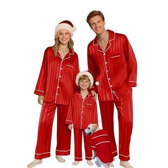Generic Ensemble de pyjama de Noël familial à manches longues boutonné en satin de soie avec col à revers uni - Coupe ample et confortable - Pyjama assorti te