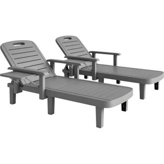 OUTSUNNY Lot de 2 bains de soleil - Outsunny - dossier inclinable et tablettes pliables - PP - 79x158x88cm - gris fonc&eacute;