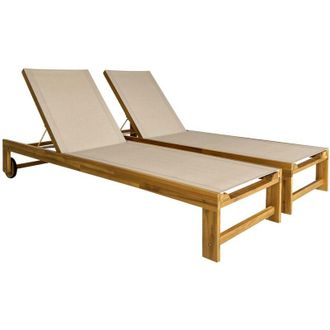 Sweeek Lot de 2 bains de soleil en bois dacacia et textil&egrave;ne beige. multi positions avec roulettes