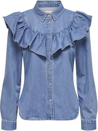 Only Onlindigo Ls Frill DNM T-Shirt Qyt Noos, Denim Bleu médium, XS Femmes