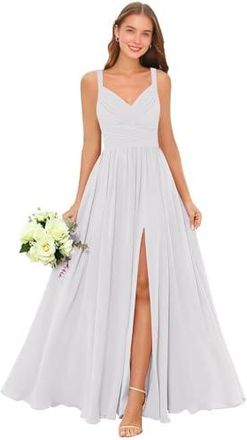 Generic Robe de demoiselle dhonneur en mousseline de soie avec col en V et bretelles spaghetti, longue robe de soirée froncée avec fente, blanc, 52 Grande tai