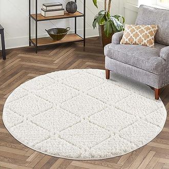Carpet City Tapis de salon, &agrave; poils longs, rond, 160 x 160 cm, rond, style maison de campagne, uni, cr&egrave;me, Cut-Loop, profond, effet 3D, tapis shaggy, moelleux et 