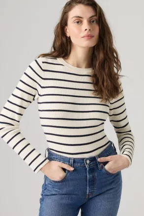 Levi's Crewneck Rib Sweater - Femme - Blanc / Egret Navy Blazer Cotton Blend - XS