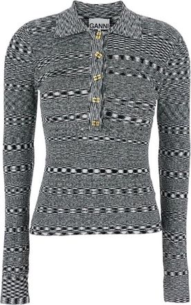 Ganni Femme, Tops, Noir, Taille: 38 FR Polo Space-Dye Blanc Noir