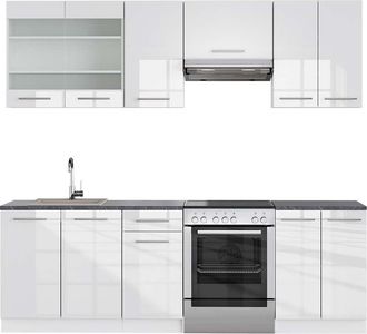 Vicco Küchenzeile Fame-Line, Küchenblock, Weiß Hochglanz/Weiß, 240 cm, AP Anthrazit