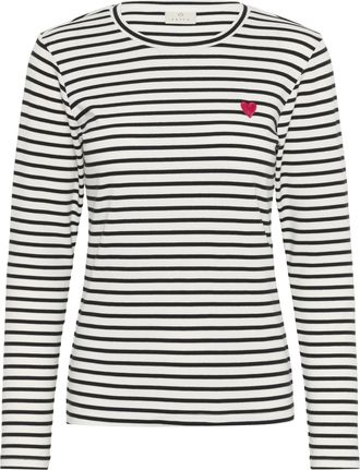 Kaffe Damen Womens Long Sleeves Slim Fit Crew Neck Striped Tee Embroidered T-Shirt, Chalk/Schwarz - Pink Heart, Large