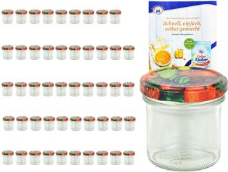MamboCat 50er Set Sturzgläser 167 ml Deckelfarbe Obst Dekor to 66 inkl. Diamant Gelierzauber Rezeptheft, Marmeladengläser, Einmachgläser, Einweckgläser, Gläser