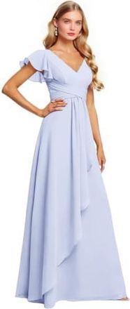 Generic Robe de demoiselle dhonneur en mousseline de soie avec col en V et manches &agrave; volants, longue robe dinvit&eacute;e de mariage, coupe trap&egrave;ze, fente avec poche