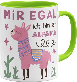 OM3 lustige Alpaca Lama Kaffee-Tasse mit Spruch - Mir egal ich bin ein Alpaka - Keramik Becher - 325ml - Beidseitig Bedruckt - Hellgr&uuml;n