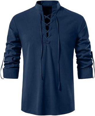 Generic Chemise d&eacute;contract&eacute;e &agrave; manches longues pour homme Coupe ajust&eacute;e : chemise sup&eacute;rieure avec cordon de serrage Chemises de loisirs Col en V Chemise d&eacute;t&eacute; 