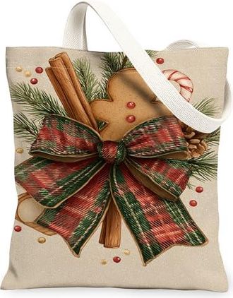 Generic Sacs fourre-tout en toile de pain d&eacute;pice de No&euml;l, motif biscuits festifs, sacs r&eacute;utilisables, sacs dhiver vintage en lin, l&eacute;gers et lavables avec band