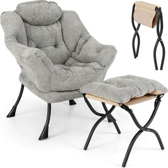 Giantex Sessel, Ohrensessel mit Hocker, Relaxsessel mit Armlehnen & Seitentasche, Fernsehsessel für Wohnzimmer, Schlafzimmer & Balkon, Loungesessel bis 136 kg