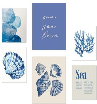 Nacnic Lot de 6 Affiches Marine, bleu, mer, &eacute;t&eacute; illustration design pour d&eacute;corer les murs de la maison. Chambres, bureau A3 et A4 Sans cadre