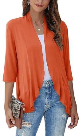 Generic Cardigan à volants pour femme, décontracté, léger, ouvert sur le devant, cardigan doux drapé à manches 3/4, Orange, 3XL