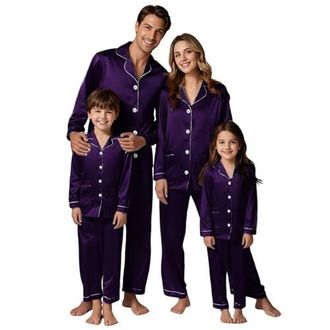 Generic Pyjama de Noël assorti pour la famille, manches longues, col à revers boutonné, vêtement de nuit en satin de soie uni avec poches, vêtements de détent