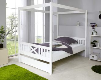 Ticaa Kinderbett Himmelbett mit Schubkasten 140x200 cm, für Jungen & Mädchen, Montessori Bett weiß aus Kiefer Massivholz