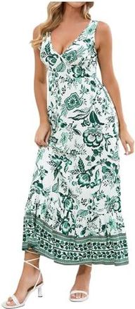 Generic Robe amincissante pour femme - Col en V - Coupe ajust&eacute;e - Imprim&eacute; floral - Jupe longue, Vert, M