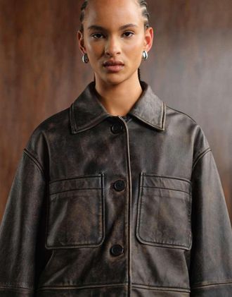 Asos Used-Look-Jacke in verwaschenem Schwarz aus Leder mit Kragen