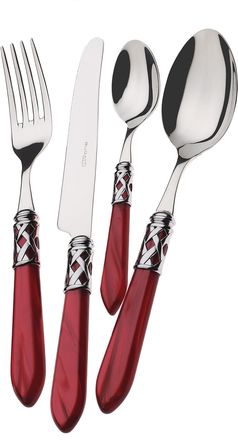 Bugatti Aladdin, 24-teiliges Besteckset aus Edelstahl 18/10, verchromtem Ring und Bordeaux-Farbgriff mit Perlmutt-Effekt. Besteckset für 6 Personen: 6 Löffel,