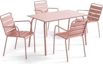 Oviala Ensemble table de jardin et 4 fauteuils en m&eacute;tal rose poudr&eacute; - Palavas