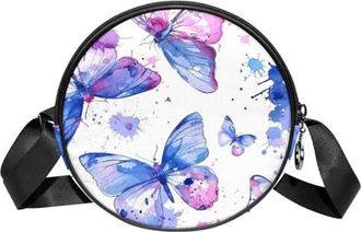 Generic Sac &agrave; bandouli&egrave;re rond pour femme, motif papillons aquarelle, petit sac &agrave; bandouli&egrave;re avec fermeture &eacute;clair, bretelles r&eacute;glables, sac &agrave; main rond d&eacute;co
