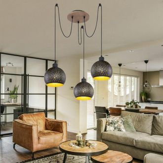 ETC Shop Hängelampe Esstisch Pendelleuchte 3 flammig schwarz, Holz dunkelbraun Metall goldfarben, 3x E27 Fassungen, DxH 20x225 cm