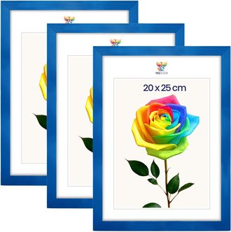 MG Design 3er Set Bilderrahmen 20 x 25 cm - Fotorahmen mit Blau Echtholzrahmen und bruchsicherem Acrylglas, Hoch & Quer zum Aufh&auml;ngen, zum Aufstellen