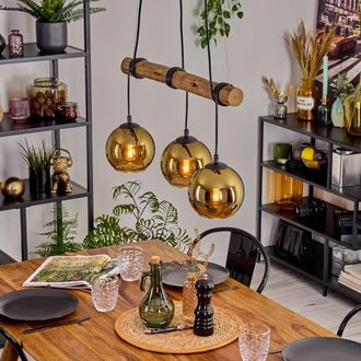 HOFSTEIN Pendelleuchte Ripoll, Hängelampe aus Metall/Holz/Glas in Schwarz/Natur-/Goldfarben, moderne Hängeleuchte Retro/Boho mit Glasschirmen und Holzbalken, E
