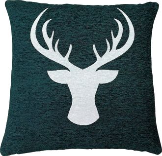 Hossner Jaquard Chenille Kissenh&uuml;lle Dekokissen Cervo mit Hirschkopf f&uuml;r Sofa Balkon Wintergarten Gr&uuml;n Creme 45x45 cm Heimtex