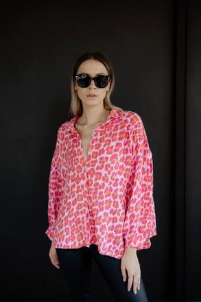 Von Herzen Langarmbluse Kurze Musselinbluse Pink Leo - 100% Baumwolle - Animalprint