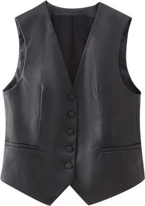 Generic Gilet en cuir synth&eacute;tique pour femme, col en V, sans manches, haut de bureau &agrave; simple boutonnage, gilets de costume en cuir, Noir, XS