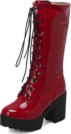 Generic Bottes d&eacute;quitation mi-claf &agrave; lacets pour femme avec plateforme &eacute;paisse et bout rond - Chaussures punk avec fermeture &eacute;clair lat&eacute;rale, Rouge, 39.5 EU
