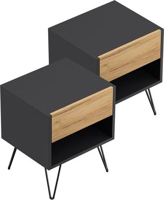 Magnolia Home 2er Set Nachttisch Dion 40cm SoftClose stehend Grafit & Eiche Front