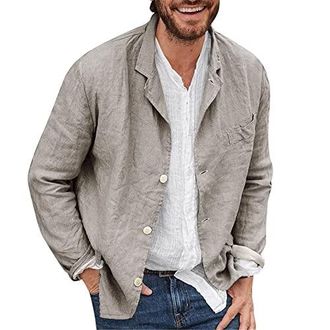Generic Chemise &agrave; col blazer en coton et lin pour homme, coupe ample boutonn&eacute;e, manches longues, confortable, couleur unie, chemise douce et polyvalente, chem
