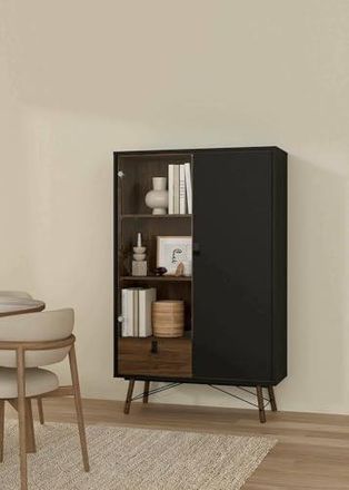 Dmora Vitrine Zoe, Glas-Sideboard, Mehrzweckvitrine, H&auml;ngendes B&uuml;cherregal mit Glast&uuml;ren, 102x40 h162 cm, Schwarz und Walnuss
