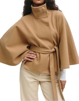 EUDOLAH Femmes Poncho &Eacute;l&eacute;gant Poncho Cape &agrave; Col Montant et Boutons pour Lautomne et lhiver &Eacute;l&eacute;gante &Eacute;charpe Cape avec Ceinture (2XL, Kaki)