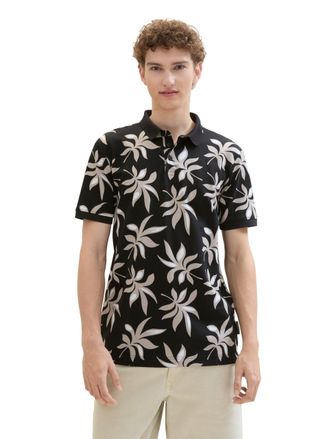 Tom Tailor Herren Piqué Poloshirt mit Muster, black summer leaf print, M