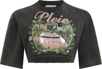 Philipp Plein Femme, Tops, Noir, Taille: 40 FR Cropped T-Shirt Cannes Tennis Club