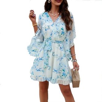 Generic Femmes Lacets Robe décontractée col en V Manches à Rabat Casual Flower Fshion imprimé Volants Robe de Plage (Grand,Blanc)