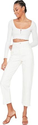 Trendyol Damen Waist Detailed High Waist Straight Jeans, Weiß, 32 EU