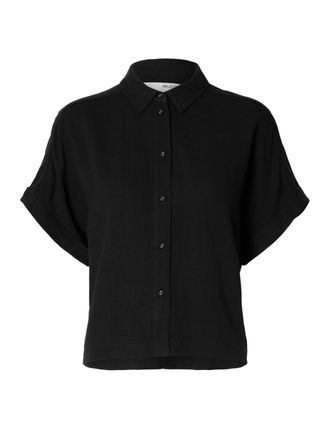 Selected Damen Bluse elegant Knopfleiste Hemdkragen Kurzarm gerader Saum, Farben:Schwarz-3, Größe:34