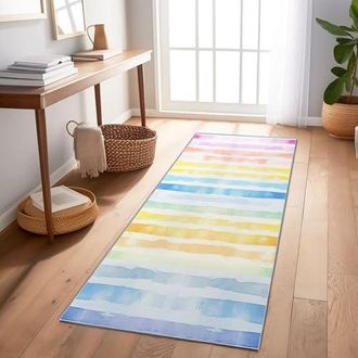 Generic Tapis de Couloir Long 60 x 180 cm Tapis de Passage Lavable Antidérapant Doux Aquarelle Minimaliste Rayures Rubans Tapis pour Buanderie Cuisine Chambre