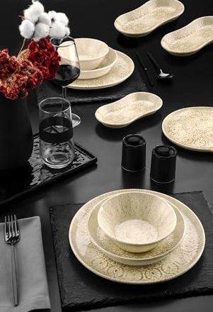 Hermia 27-Piece Dinner Set, 100% Porcelain, Cream Color | Includes Service Plates, Bowls, Dessert Plates & Boat Plates | Dishwasher & Microwave Safe, Elegant