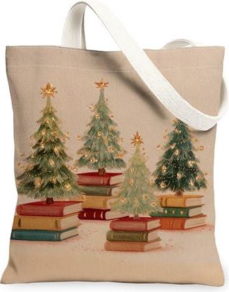 Generic Sac fourre-tout vintage en toile motif arbre de No&euml;l, sacs d&eacute;picerie r&eacute;utilisables, l&eacute;gers et lavables avec bandouli&egrave;re, beige, 13x15 Inch