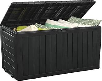 Keter Marvel Plus Deckbox aus Kunstharz, Organisation und Aufbewahrung für Terrassenmöbel, Outdoor-Kissen, Wurfkissen, Gartengeräte und Pool-Spielzeug, Dunk