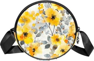 Generic Petit sac &agrave; bandouli&egrave;re circulaire pour femme, motif feuilles florales, sac &agrave; dos avec fermeture &eacute;clair, bretelles r&eacute;glables, sac &agrave; main rond d&eacute;contra