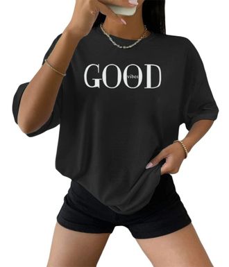 TOMWELL Damen Tshirt Kurzarm Sommer Oberteile Oversized T-Shirt mit Buchstaben Druck Lose Rundhals Sport Shirt Teenager M&auml;dchen Top Tunika Lang G Schwarz XXL