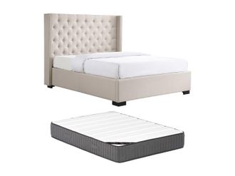 Vente-Unique Bett 160 x 200 cm mit gepolstertem Kopfteil - Stoff Beige + Matratze - Massimo