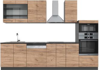 Vicco Küchenzeile Fame-Line, Goldkraft Eiche/Anthrazit, 300 cm mit Hochschrank, ohne Arbeitsplatte